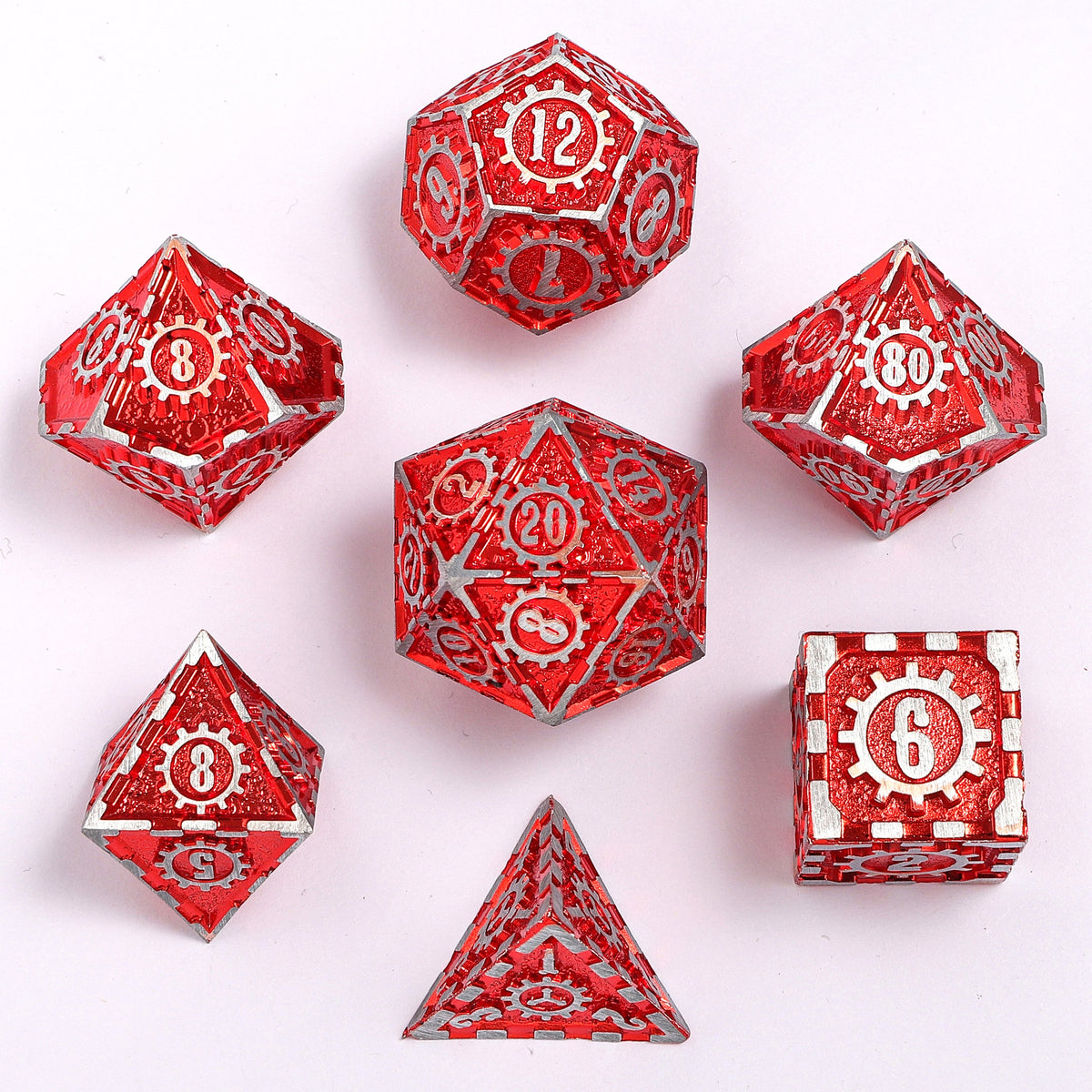 Solid Metal Gear Dice Polyhedral Dice Set - Matte Silver and Red ...