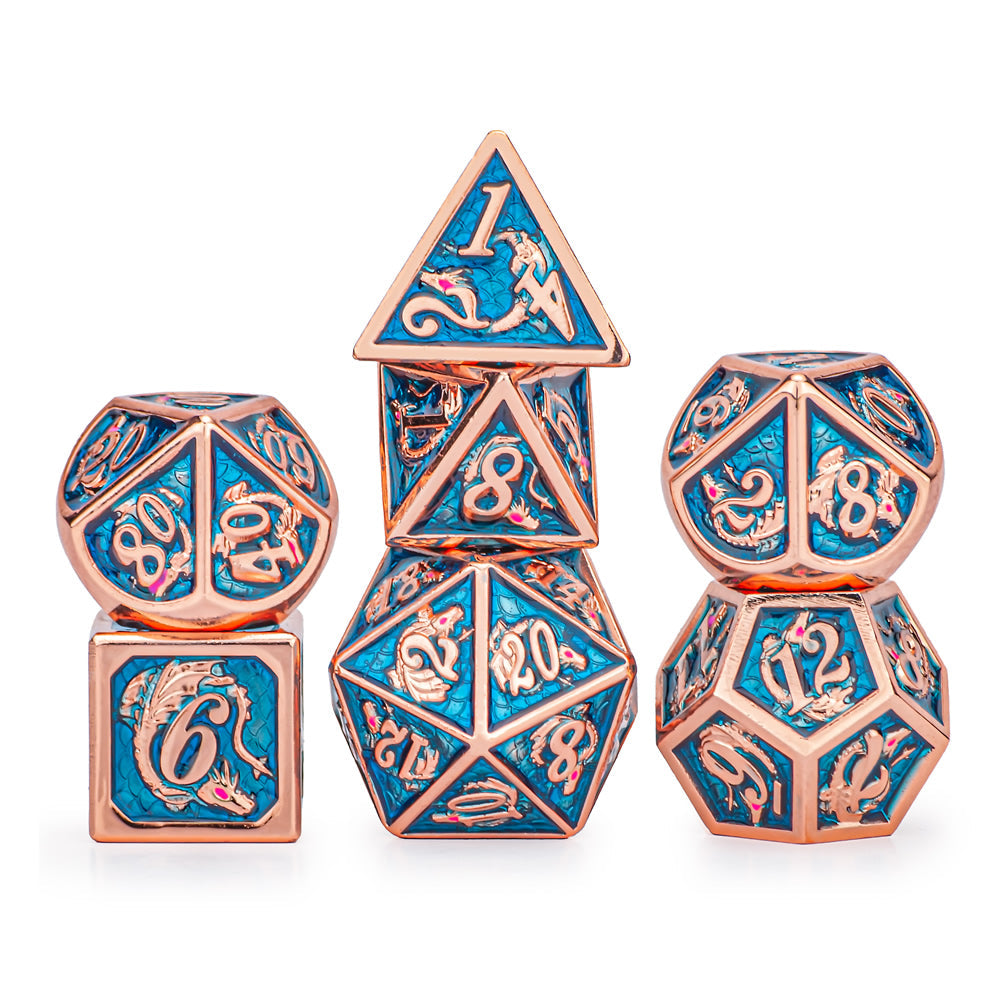Solid Metal Dragon Polyhedral Dice Set - Copper with Light Blue ...