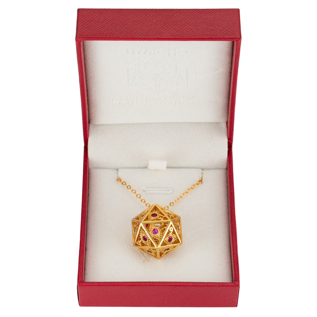 Dragon's Eye D20 Necklace - Gold with Ruby Gems – Hymgho Premium Dice